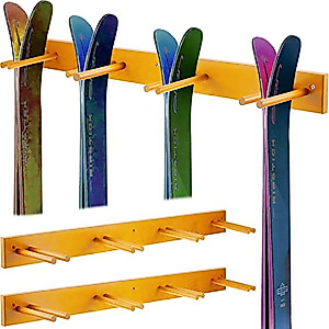2 Pcs Timber Wall Mounted Ski Rack for Garage Wall Wood Ski Wall Mount Wooden Snowboard Rack Wall Mount Vertical Ski Holder Indoor Ski Storage Racks for 8 Pairs of Skis Home Garage Hanging System