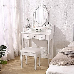 Vanity Mirror Table Set, Makeup Desk Vanity with Stool, Vintage Bedroom Vanity Lots Storage Dressing Table White for Women and Girls