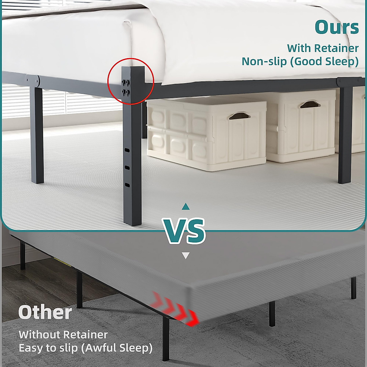 Queen Bed Frame 16 Inch High Metal Platform Bed Frame with 4 Mattress Retainers Heavy Duty Steel Slats Black Kids Queen Size Bed Frame with Headboard Hole No Box Spring Needed Noise Free Easy Assembly