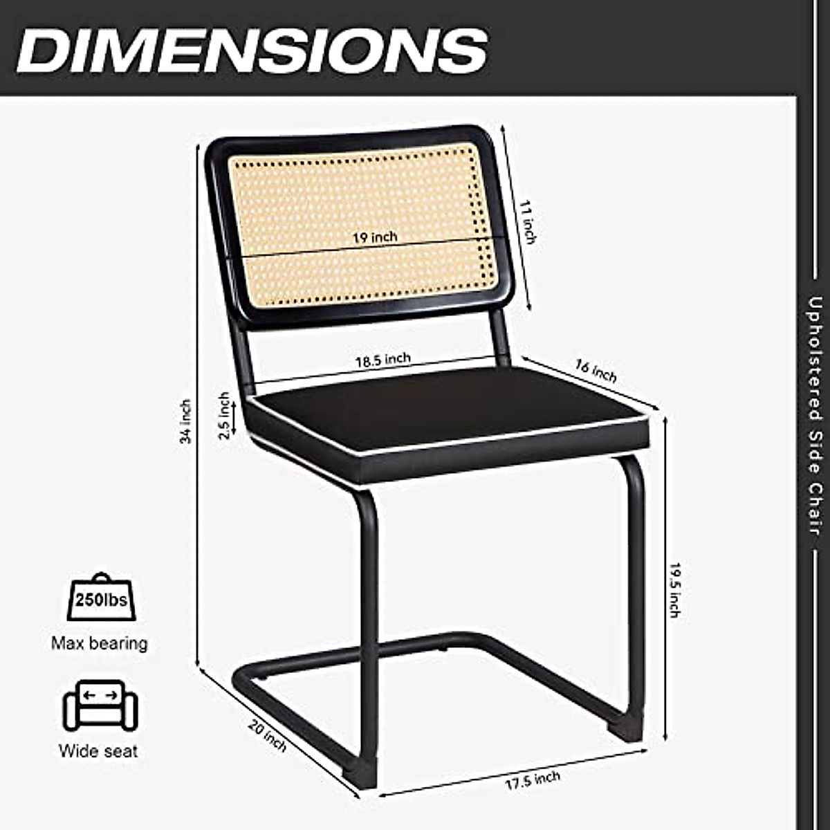 MeetLeisure Patio Dining Chair Set of 2 with Waterproof Design Fabric for Outdoor Mid-Century Modern Chairs with Metal Chrome Legs, Armless Mesh Back Cane Chairs, Black