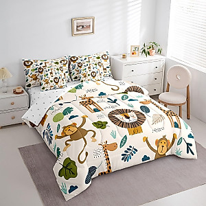 Feelyou Safari Animals 7 Piece Bedding Set Twin, Cartoon Lion Giraffe Comforter Set with Sheets Cute Monkey Bed in a Bag for Kids Nature Wildlife Bed Set