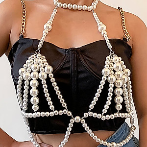 Happyyami Faux Pearl Body Chain Bikini Body Chain Crystal Bra Imitation Pearl Bikini Chain Under Outfit Bra Summer Bikini Women Body Chain Bra Body Lingerie Accessory Body Jewelry Accessory