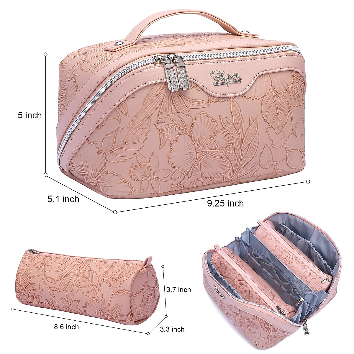 Travel Makeup Bags Cosmetic Organizer Bag: 3-Set Large Capacity Make up Bag - PU Leather Toiletry Bag for Women - Wide Open Portable Pouch with Divider & Handle