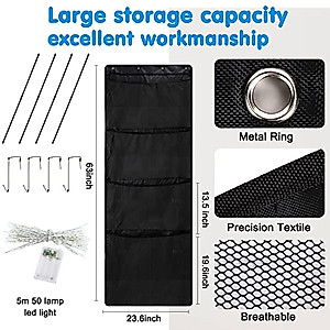 Stuffed Animal Storage with LED Light, Over the Door Hanging Stuffed Animal Holder with 5 Meters LED Fairy String, 4 Large Pockets for Stuffed Animal Storage Ideas, Nursery, Bedroom, Kids Room