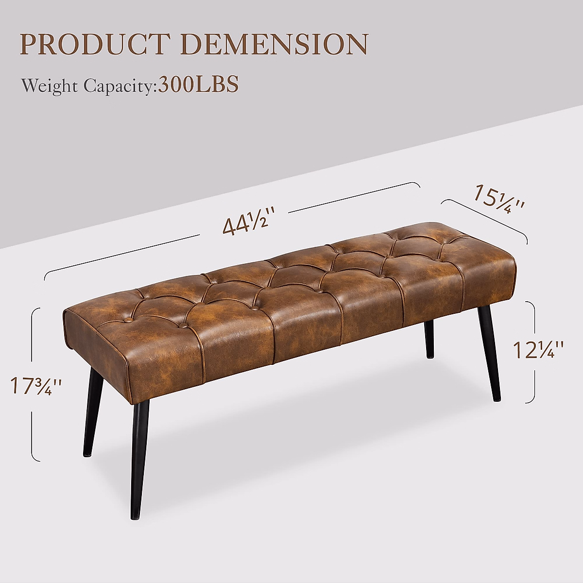 LUE BONA Button-Tufted Ottoman Bench, 44.5'' Faux Leather Upholstered Bedroom Bench, Padded Entryway Bench, End of Bed Bench with Metal Legs, for Decorative, Living Room, Dining Room, Yellowish Brown