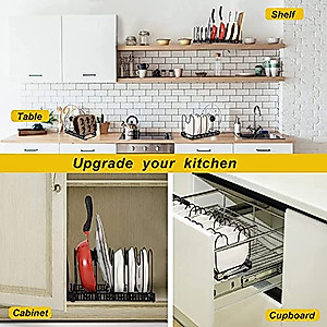 Daddynme Expandable Pot and Pan Organizers Rack, 10+ Pans and Pots Lid Organizer Rack Holder, Kitchen Cabinet Pantry Bakeware Organizer Rack Holder with 10 Adjustable Compartments