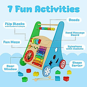KIDDERY TOYS Baby Toys – Kids’ Activity Toy – Wooden Push and Pull Learning Walker for Boys and Girls – Multiple Activities Center – Assembly Required – Develops Motor Skills & Stimulates Creativity