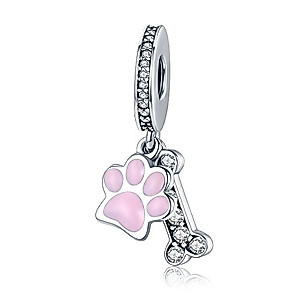 I Love My Dog Paw Puppy Bone Original 925 Sterling Silver Charm Beads with Clear Cubic Zirconia Love Pets Dog Cat Paw Animal Charms for Bracelets Girl Women Christmas Jewelry (A)