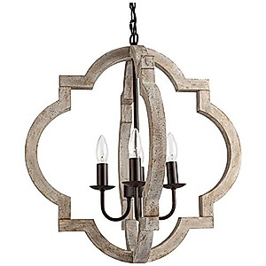 VILUXY Farmhouse Wood Chandelier Geometric Lantern Pendant Light 4-Light for Indoor Kitchen Island Dining Living Room Foyer