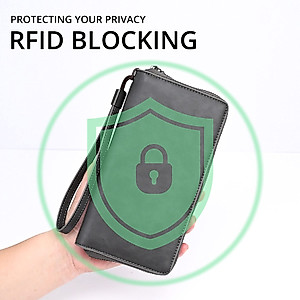 Women's RFID Blocking Leather Zip Around Wallet Large Phone Holder Clutch Travel Purse Wristlet (Grey)