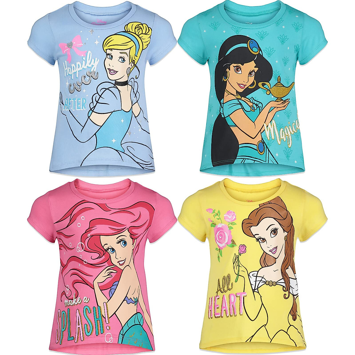Princess Jasmine Belle Cinderella Little Girls 4 Pack T-Shirts Ariel 7-8