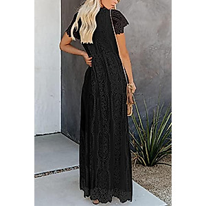 PRETTYGARDEN Women's Floral Lace Maxi Dress 2023 Short Sleeve V Neck Bridesmaid Wedding Evening Party Dresses(Black,X-Large)