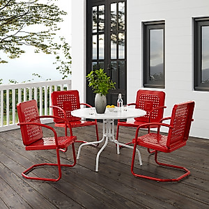 Crosley Furniture Bates 5-Piece Outdoor Dining Set for 4, Retro Metal Round Patio Table and Chairs for Deck, Bright Red Gloss