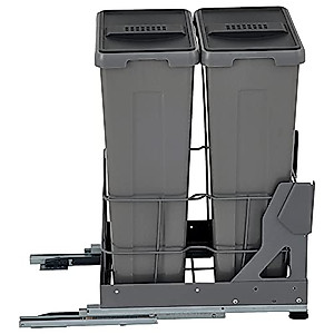VEVOR Pull-Out Trash Can, 29Qt Double Bins, Under Mount Waste Container with Soft-Close Slides, 66 lbs Load Capacity & Door-Mounted Brackets, Garbage Recycling Bin with Lids for Kitchen Cabinet, Grey
