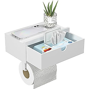Domax White Toilet Paper Holder with Shelf - Wall Mount/Adhesive Bathroom Toilet Paper Holder Bamboo Wood Tissue Toilet Roll Holder with Storage Drawer for Organizer Wipes Fits Any Room, Large