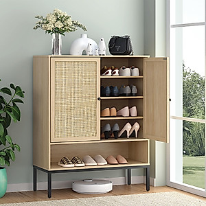 Yechen Natural Rattan Shoe Cabinet, 5-Tier Shoe Rack Storage Organizer with Doors, Metal Legs, Entryway Shoe Cabinet for Modern Heels, Boots, Entrance Hallway (1 Piece, Natural)
