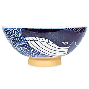 Mino Ware Japanese Rice Bowl, Rice Ramen Noodle Soup Sarada Pasta, Wave Whale Chawn, 5.7 inch 17.5oz Set of 2