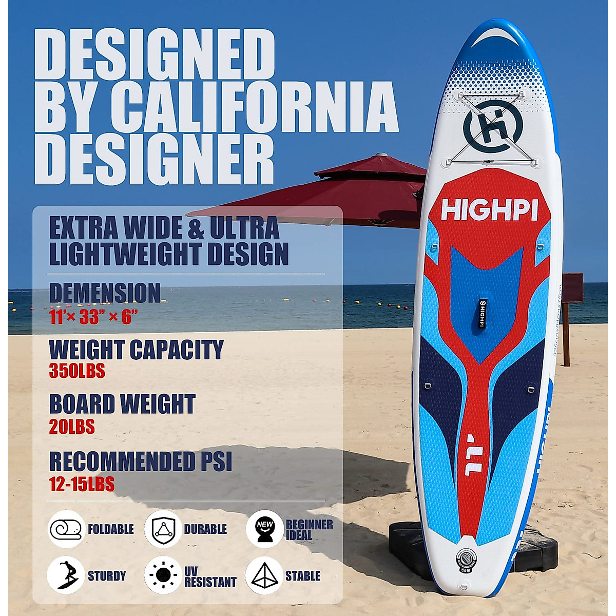 HIGHPI Inflatable Paddle Boards, 11'x33''x6'' SUP for Adults&Youth, Stand Up Paddle Boards with Accessories, Anti-Slip Deck, Stable Durable Lightweight, Suitable for Yoga Fishing Traveling