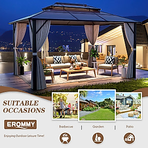 EROMMY 10'x13' Gazebo Polycarbonate Double Roof Canopy Outdoor Aluminum Frame Pergolas with Netting and Curtains for Garden Patio Lawns Parties