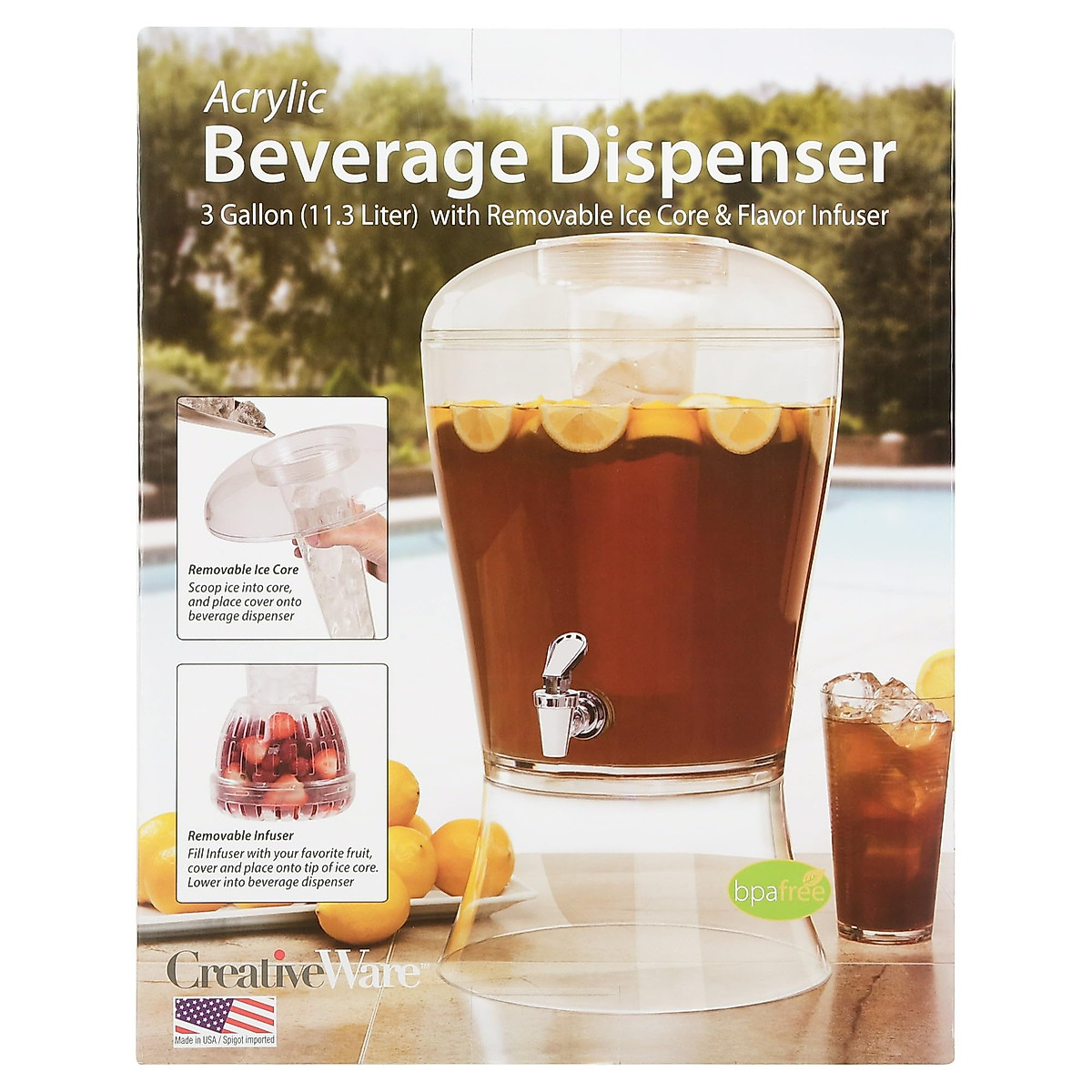 CreativeWare Beverage Dispenser With Ice Cylinder And Fruit Infuser, Clear