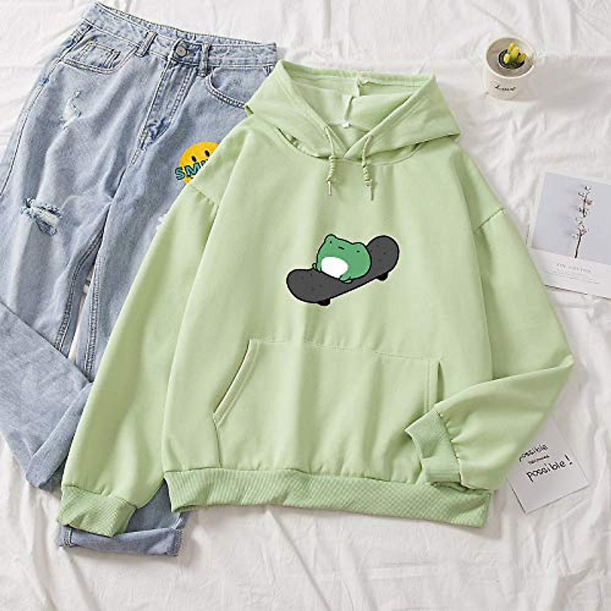 KEEVICI Women's Cute Sweatshirts Skateboarding Frog Long Sleeve Cotton Hoodie Pullover (Green,L)
