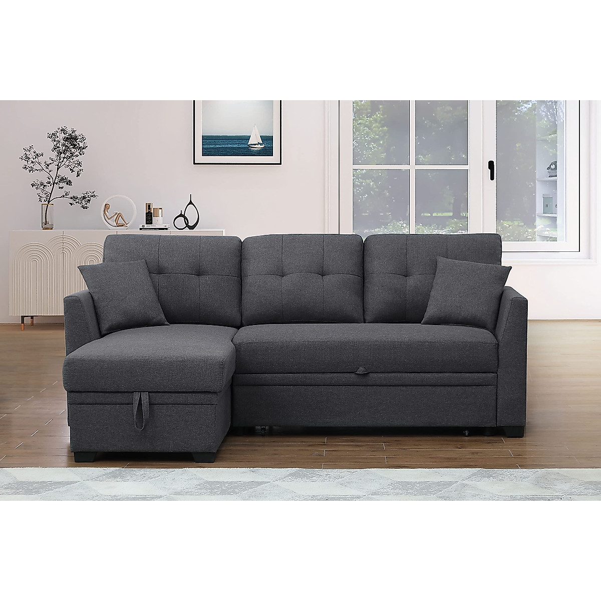Sleeper Sofa with Pull Out Couch, Sleeper Couch with Storage Chaise, Small Sectional Sofa Lounge Couch 3 Seater Reversible Sofa Couch for Living Room, Bedroom,Apartment