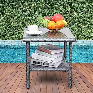 Outdoor PE Wicker Side Table - Patio Rattan Garden Coffee End Square Table with Glass Top Furniture, Grey