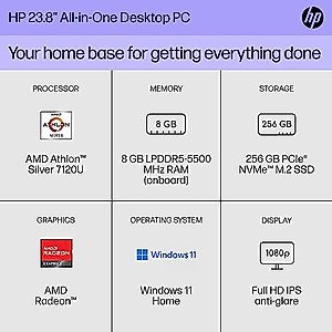 HP 23.8 inch All-in-One Desktop PC, FHD Display, AMD Athlon Silver 7120U, 8 GB RAM, 256 GB SSD, AMD Radeon Graphics, Windows 11 Home, 24-cr0010 (2023)