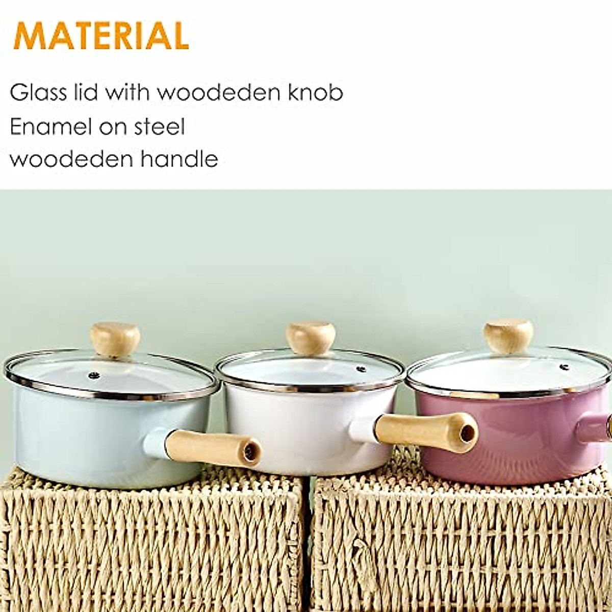 Saucepan, Enamel Sauce Pan Small Pot with Lid, Wooden Handle, 1.8 Quart (Blue)