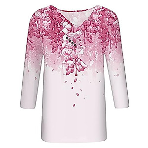 3/4 Length Sleeve Womens Tops Plus Size Tops for Women Shirts for Women Custom T Shirts Blouses &amp; Button-Down Shirts Fashion Floral Printed V-Neck Button Decorative Tee,Pink,XXL