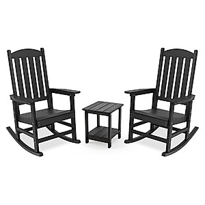 LUE BONA Outdoor Rocking Chairs Set of 3, 2 Chairs & 1 Table HDPS Poly Rocking Chair, All Weather Resistant, Heavy Duty Rocking Chair for Patio, Lawn, Garden, 300LBS, Black