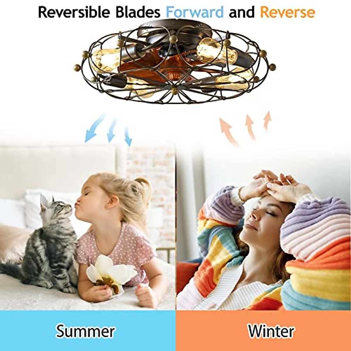 Ceviept Caged Ceiling Fans with Lights and Remote Control, Flush Mount Ceiling Fan with Light, Include Bulbs 6 Speeds Reversible Blades, Low Profile Ceiling Fan, Farmhouse Modern Lighting Fan-Black