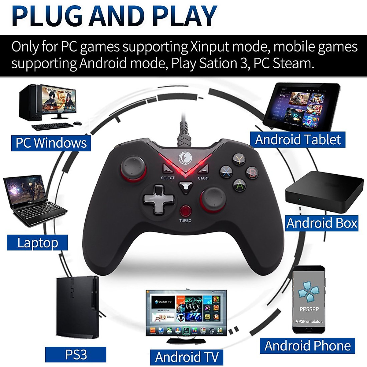 IFYOO V-one Wired USB Gaming Controller Gamepad Joystick for PC (Windows XP/7/8/10/11) & Steam & Android & PS3 - Red