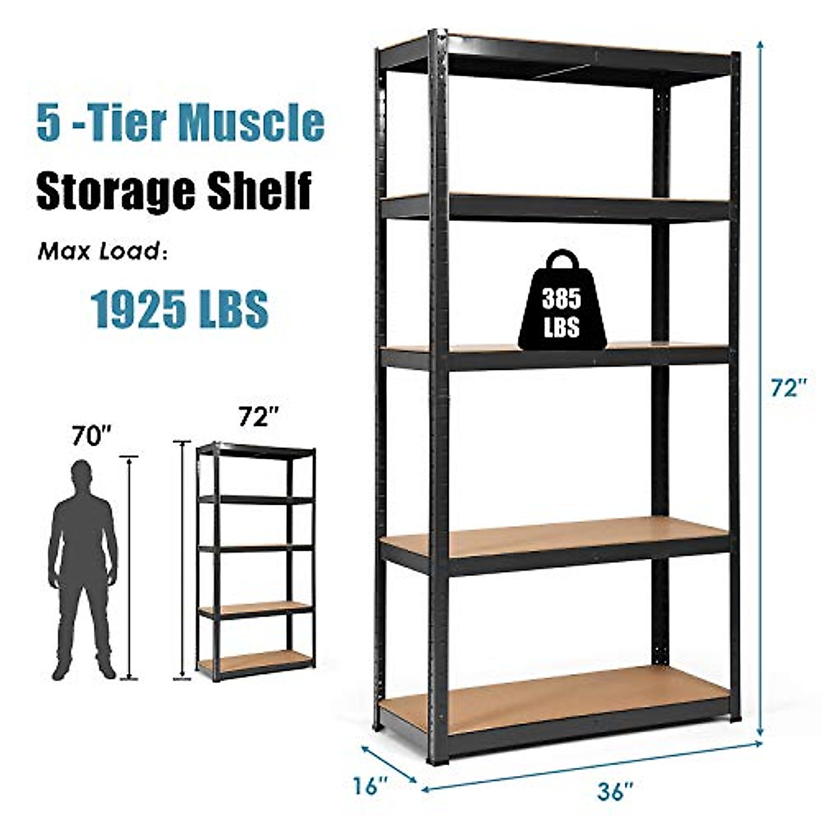 ERGOMASTER 5 Tier Utility Shelves Rack Garage Heavy Duty Steel Metal Shelving Unit with Adjustable Design, Bolt-Free Assembly & 380 LBS Wight Capacity Per Tier（Black-Set of 2）