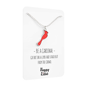 Happy Kisses Cardinal Necklace For Women – Cute Red & Silver Charm – Cardinals Appear When Angels Are Near Message Card