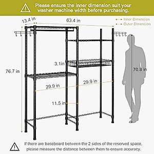 Ulif Clothes Drying Rack, Over Washer and Dryer Laundry Room Bathroom Towel Storage Shelf, Space Saver with Adjustable Shelves, Wire Basket, and Rotatable Hooks, 63.4"L x 13.4"D x 76.7"H, Black