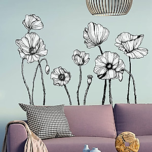 Creative Black Flowers Wall Stickers 3D Black Poppy Floral Wall Decals DIY Removable Large Black Vinyl Flower Plant Wall Art Decor for Teens Women Bedroom Living Room Nursery Office Decoration DT-1021