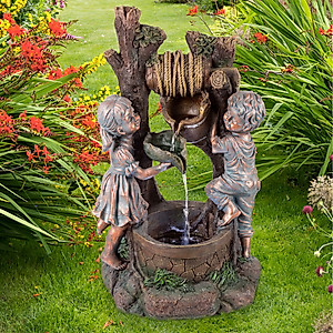 Boy and Girl Outdoor Water Fountain - Cascading Waterfall with Soothing Sounds and 4 LED Lights for Garden or Patio by Pure Garden (Antique Bronze)