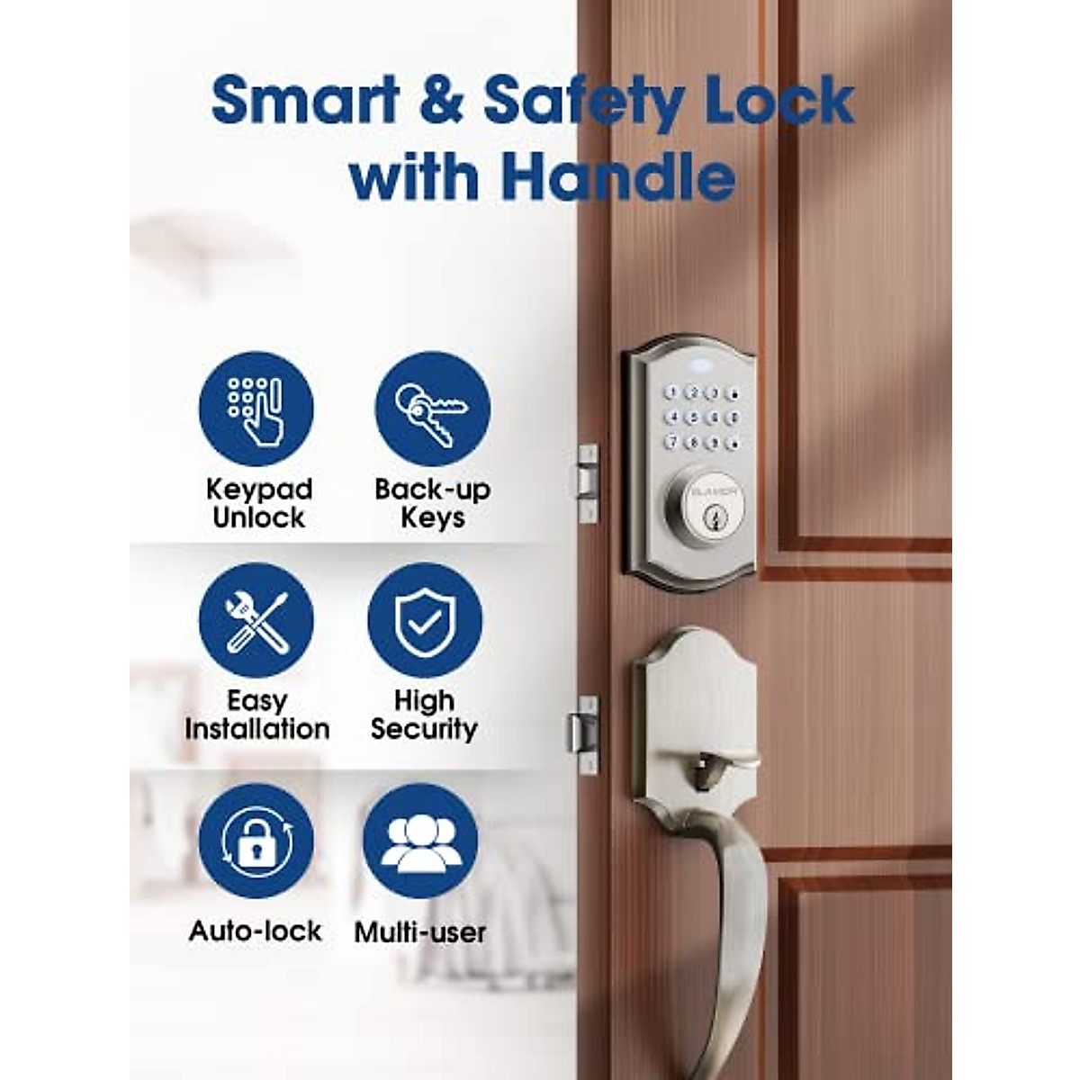 Keyless Entry Door Lock, Electronic Keypad Deadbolt with Handle, Auto Lock Front Door Handle Sets, Easy to Install, 50 User Codes, Security Waterproof Smart Locks for Front Door, Home/Hotel Use