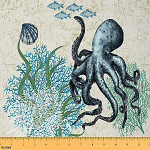 Octopus Fabric by The Yard 1 Yard Kids Ocean Kraken Decorative Waterproof Outdoor Fabric Tentacles Upholstery Fabric for Chairs Sealife Sea Animal Coral Blue Green Outdoor Fabric