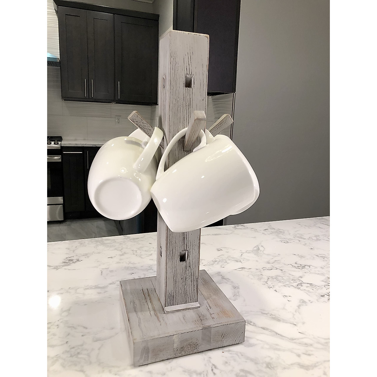 16" Solid Wood Coffee Mug Stand | Coffee Mug Tree | Coffee Mug Rack | Coffee Cup Holder | Adjustable / Removable Hooks | Holds 10 Mugs | Collapsible for Storage | Jewelry / Watch Organization (Gray)