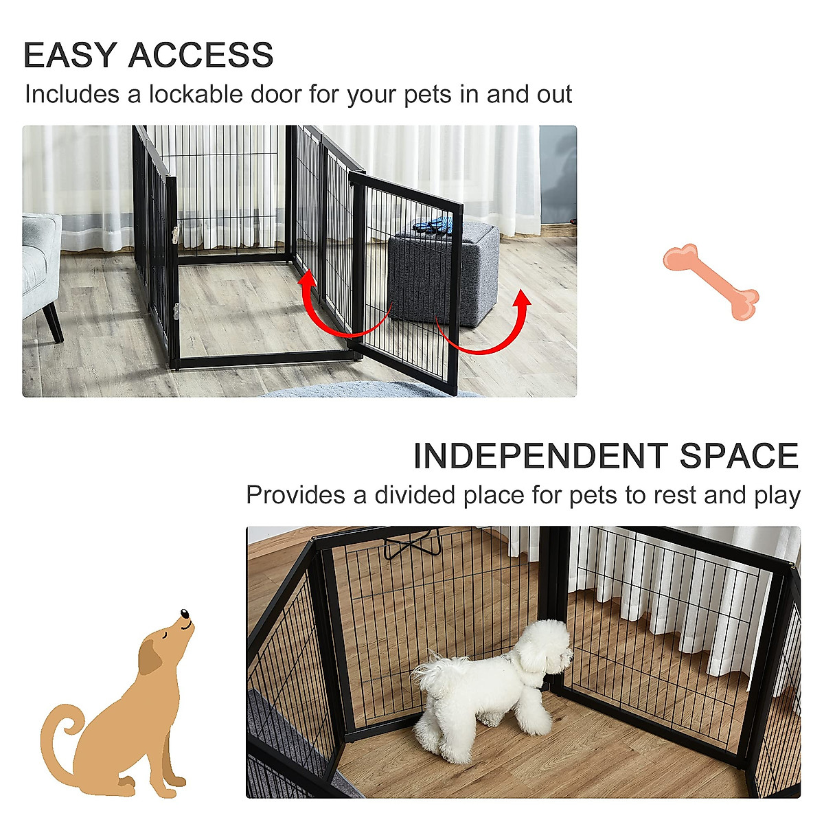 PawHut Transformable Pet Playpen 6 Freestanding Panels Gate Fireplace Christmas Tree Fence Stair Barrier Room Divider with Walk Through Door Wooden Frame Metal Mesh Black 63'' x 54.5'' x 31.5''