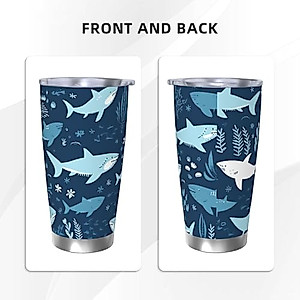 Sharks Tumbler with Lid and Straw 20oz Stainless Steel Car Cup for Hot and Cold Drinks, Double Wall Insulated Travel Coffee Mug Reusable Drink Thermos Cup Birthday Gifts