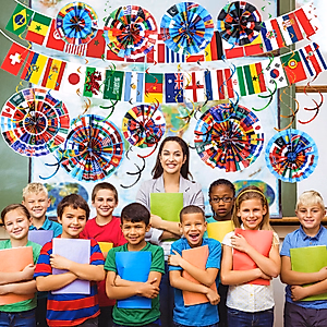 Outus 22 Pcs International World Flags Decorations Paper Fans World Flags Banner International Flag Hanging Swirls for Garland Ceilings School Office Party Decorations Supplies