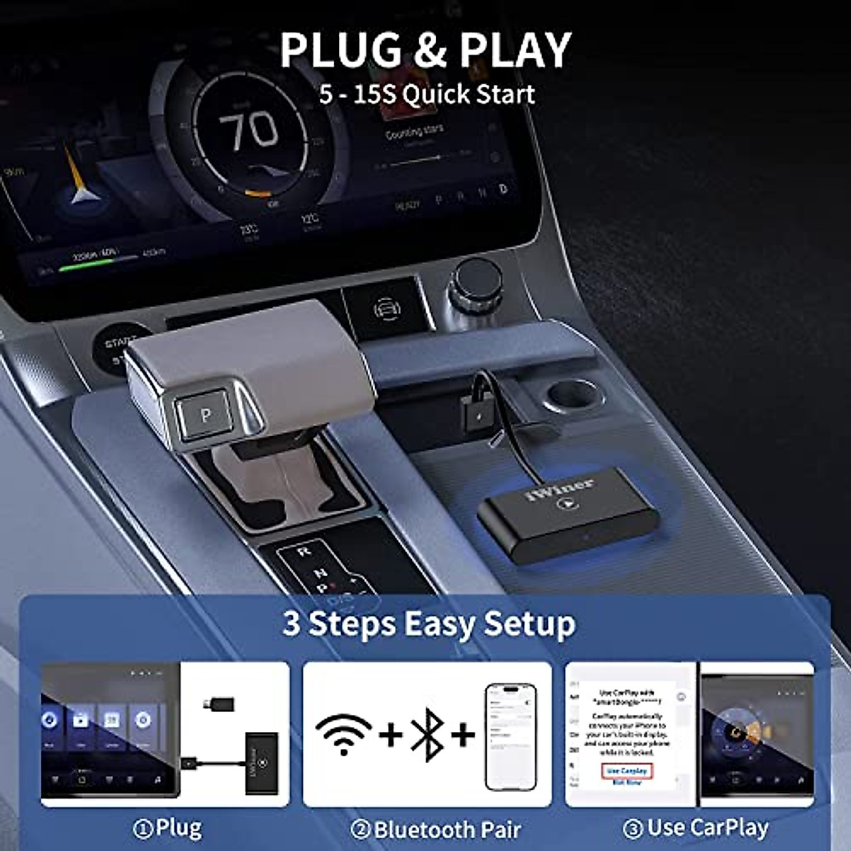 Wireless Carplay Adapter, iWiner 2023 Upgrade CarPlay Wireless Adapter Dongle for iPhone(i-OS 10+) Auto to Wireless Connect to Factory Wired CarPlay Cars from 2015 Plug & Play