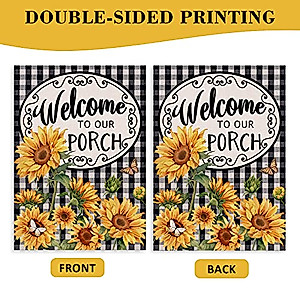Covido Home Decorative Welcome to Our Porch Spring Sunflower Garden Flag, Summer Black White Buffalo Plaid Check Yard Outside Decoration, Autumn Farmhouse Outdoor Small Decor 12 x 18