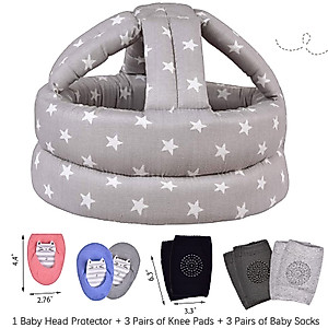 Baby Safety Helmet, Infant Baby Head Protector with 3 Pairs Baby Knee Pads for Crawling & 3 Pairs Baby Socks, Head Cushion Bumper Bonnet, Soft Headguard for Toddler Learning to Walk, Gray Star