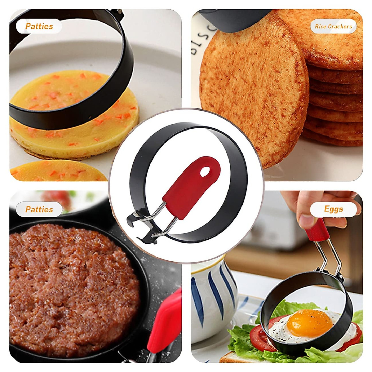 JANNO 6PCS Pancake Mold, Egg Ring, Nonstick Black Coated Metal Cooking Rings with Silicone Anti-scald Handle for Griddle, DIY Sandwich Eggs, English Muffin, Pancakes, Burger, Breakfast