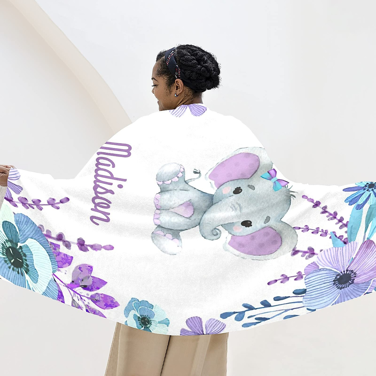CADE Custom Baby Blanket with Name for Girls Personalized Baby Blanket Purple Floral Blankets Cute Elephant Blankets for Girls Customizable Baby Blanket Newborn Essentials Gifts - 30x40 inch