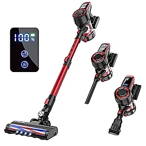 WLUPEL Cordless Vacuum Cleaner, 250W Stick Vacuum Cleaner with 30KPA Powerful Suction, Lightweight Handheld Vacuum LED Display for Carpet and Floor, Pet Hair (Hero 8-Red)